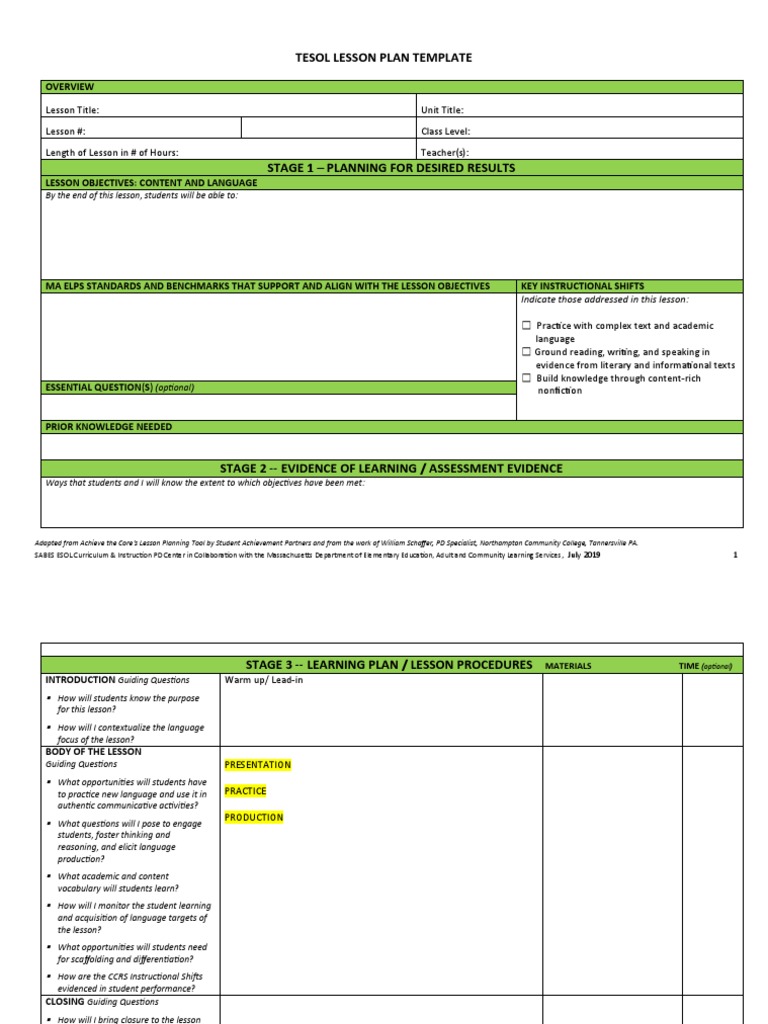 TESOL Lesson Plan Guide | PDF | Lesson Plan | English As A Second Or ...