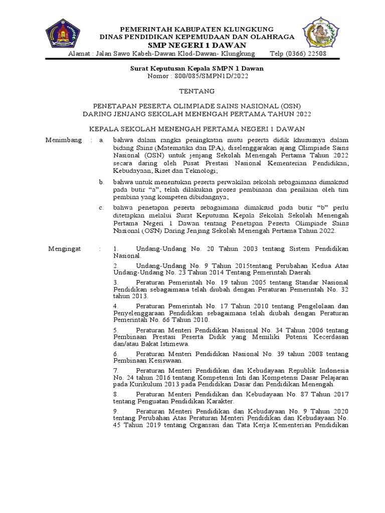 Format SK Kepsek Tentang Penetapan Peserta Osn SMP 2022 | PDF | Sains ...