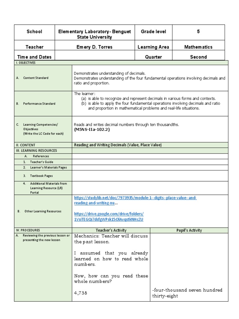 Detailed Lesson Plan Math 5 | Download Free PDF | Numbers | Lesson Plan