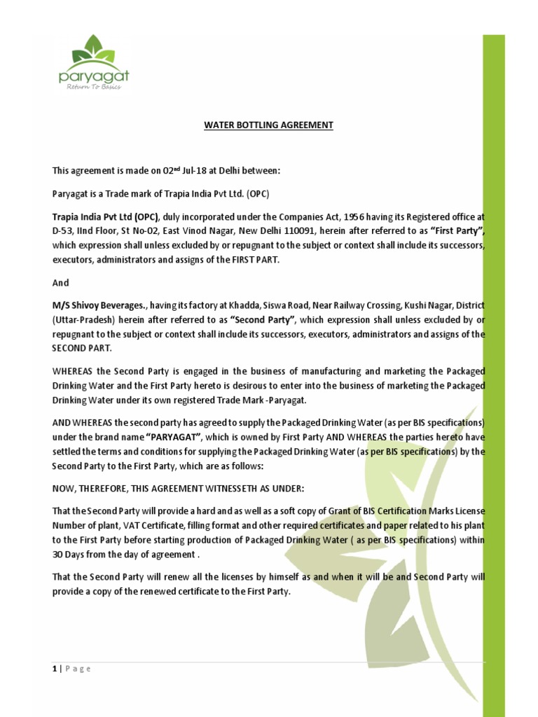 Water Bottling Agreement Overview | PDF | Employment | Legal Liability
