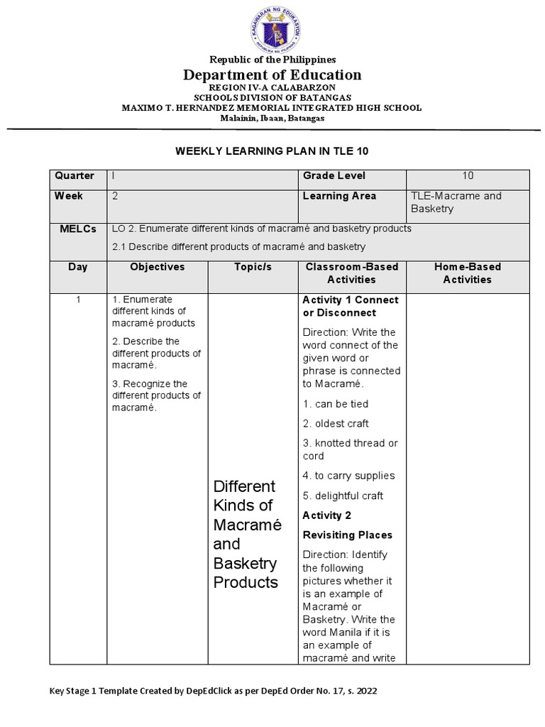 Weekly Learning Plan in TLE 10: Enumerating Different Kinds of Macrame ...