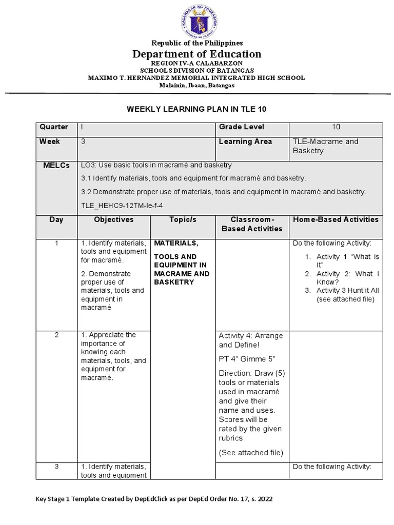 Tle 10 Week 3 WLP | PDF | Education Theory | Cognition Tle 10 Week 3 WLP | PDF | Education Theory | Cognition