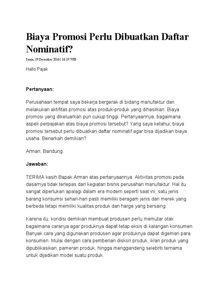 Daftar Nominatif Biaya Promosi Perusahaan | PDF | Bisnis | Hukum