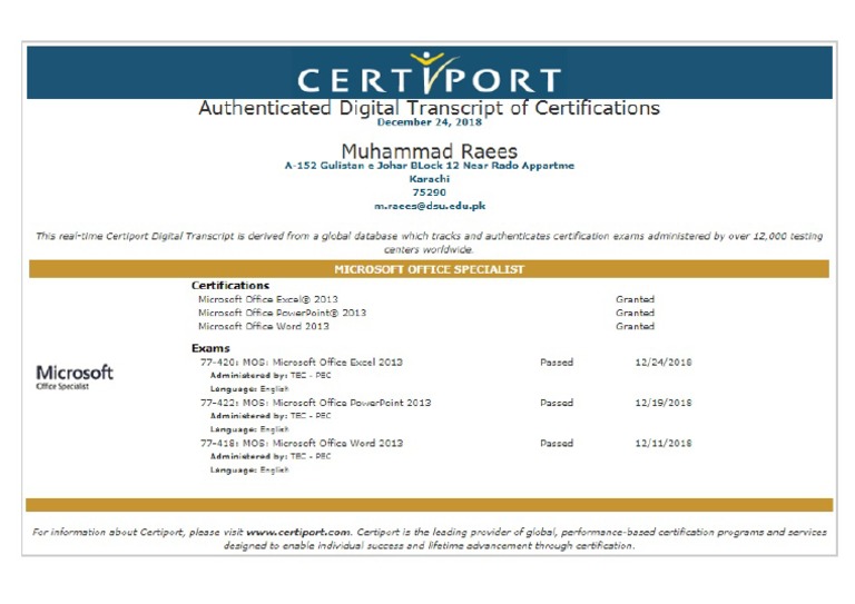 MOS Certificate | PDF