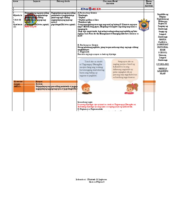 Filipino 8 WEEKLY LEARNING PLAN | PDF