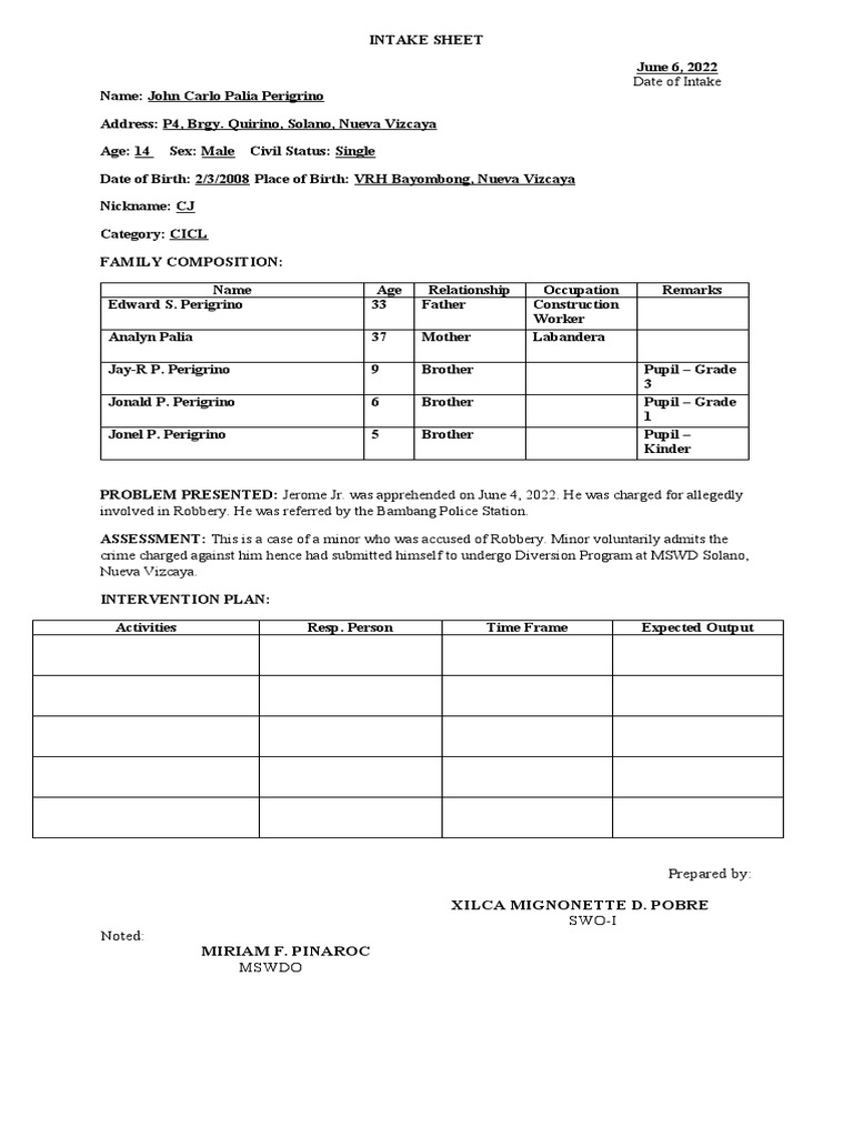 CICL Intake Sheet | PDF