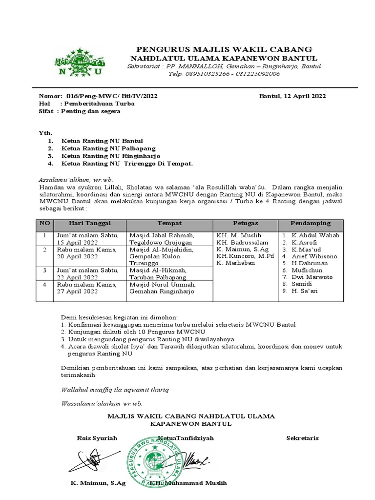 Pengurus Majlis Wakil Cabang: Nahdlatul Ulama Kapanewon Bantul | PDF