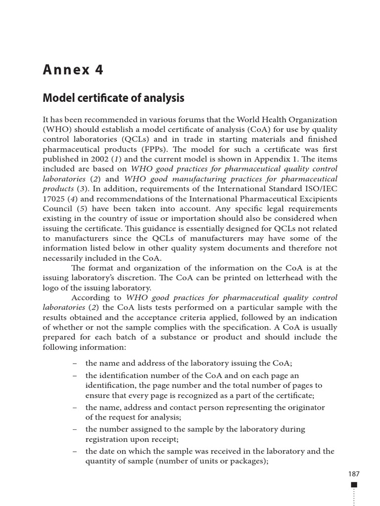 WHO TRS 1010 (2018) Annex 4. Model of CoA | PDF | Specification (Technical Standard ...