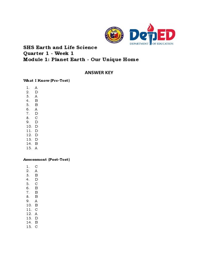 Answer Key Earth and Life Science Q1 Module 1 | PDF