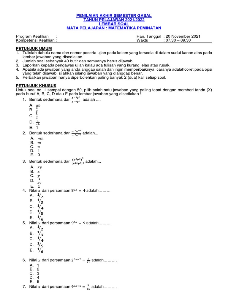 Soal PAS Semester 1 Kelas 10 Matematika Peminatan Tahun 2021 | PDF | Metode & Bahan Ajar