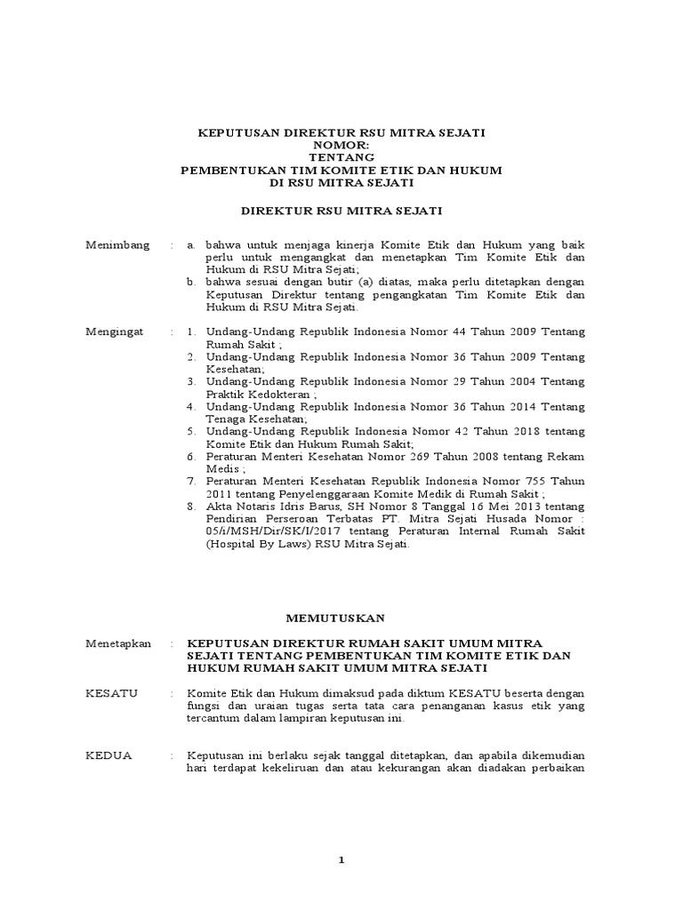 SK Direktur Tentang PEMBENTUKAN TIM KOMITE ETIK DAN HUKUM RSU MITRA ...