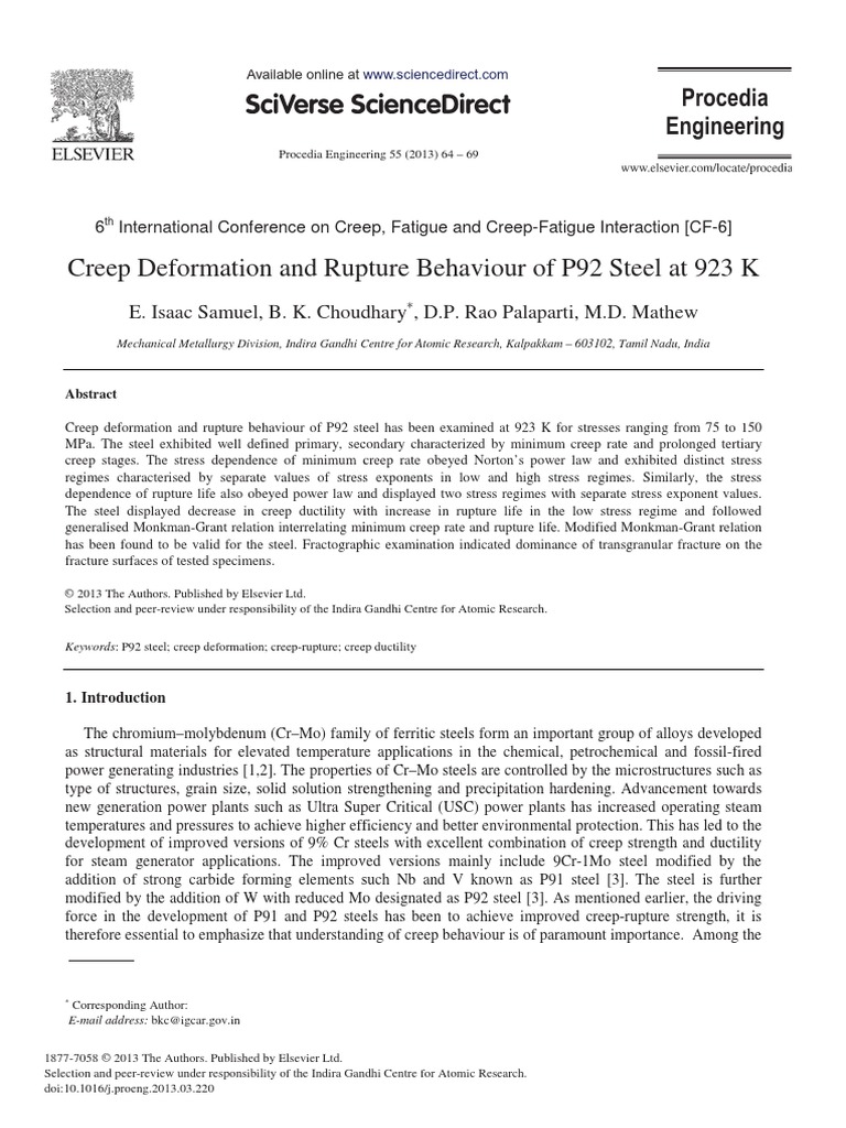 Creep Deformation and Rupture Behaviour of P92 Steel at 923 K | PDF ...