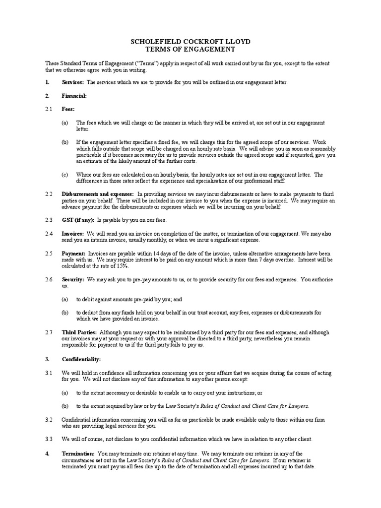 Standard Terms of Engagement Template | PDF | Conflict Of Interest | Complaint