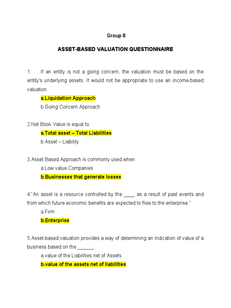 Asset-Based Valuation Questionnaire | PDF | Valuation (Finance) | Book ...