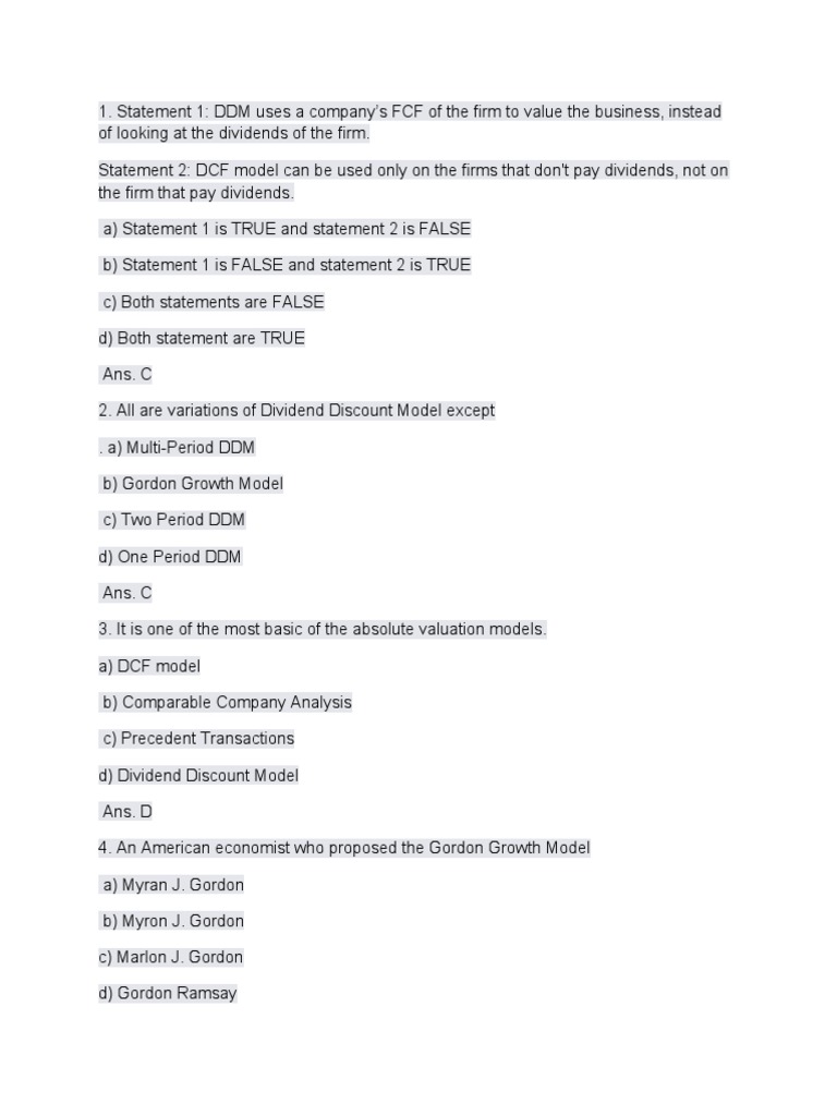 Absolute Valuation Quiz | PDF | Valuation (Finance) | Investing