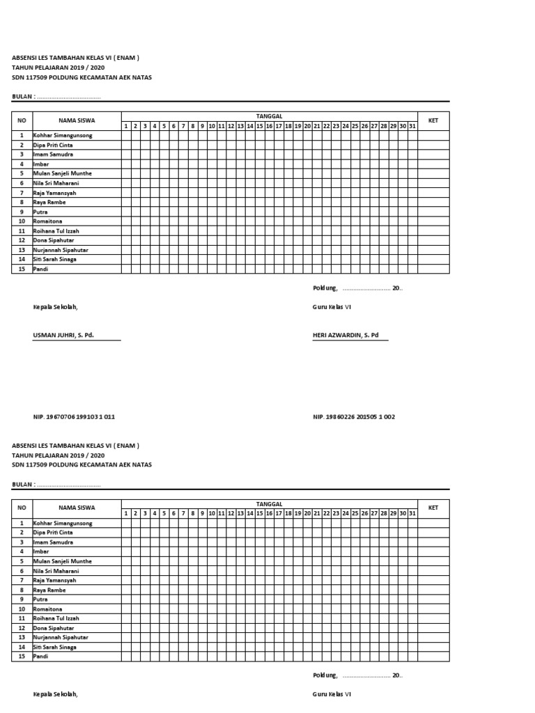 Absensi Les Tambahan Kelas VI | PDF