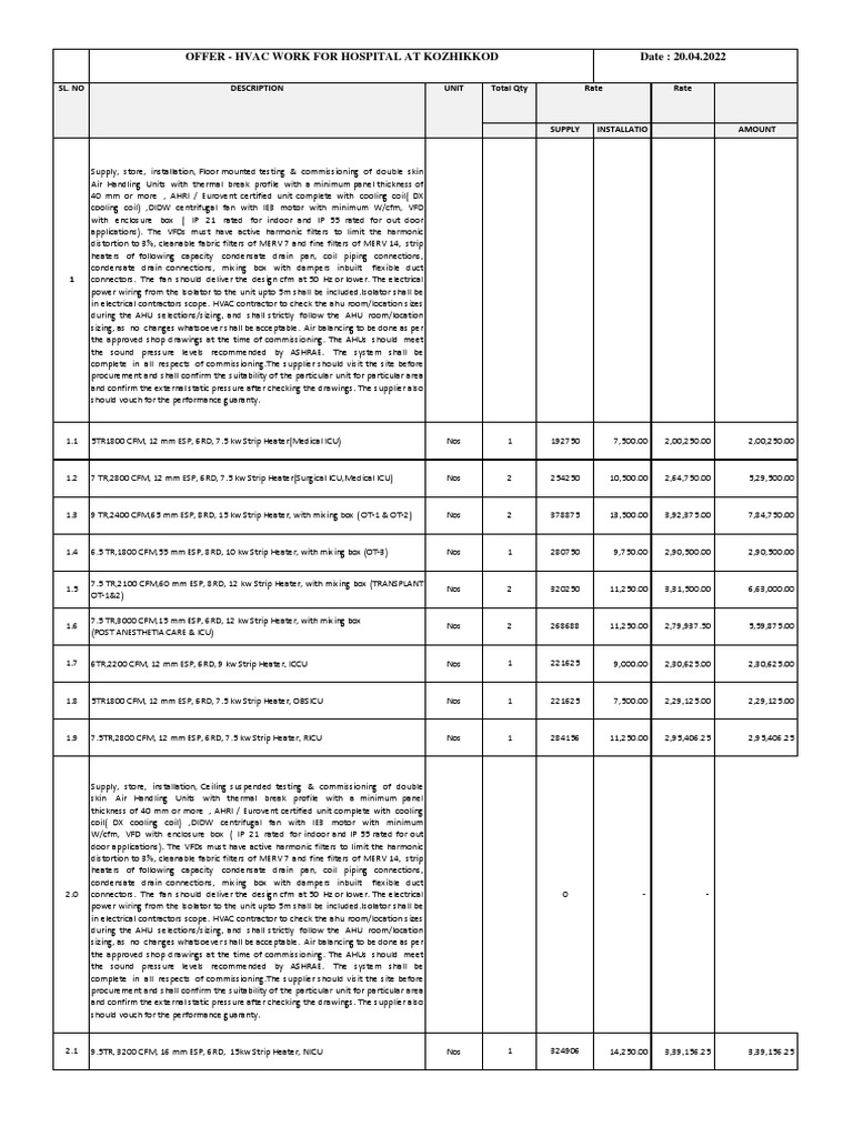 HVAC BOQ - HOSPITAL at Kozhikkode | PDF | Duct (Flow) | Receipt