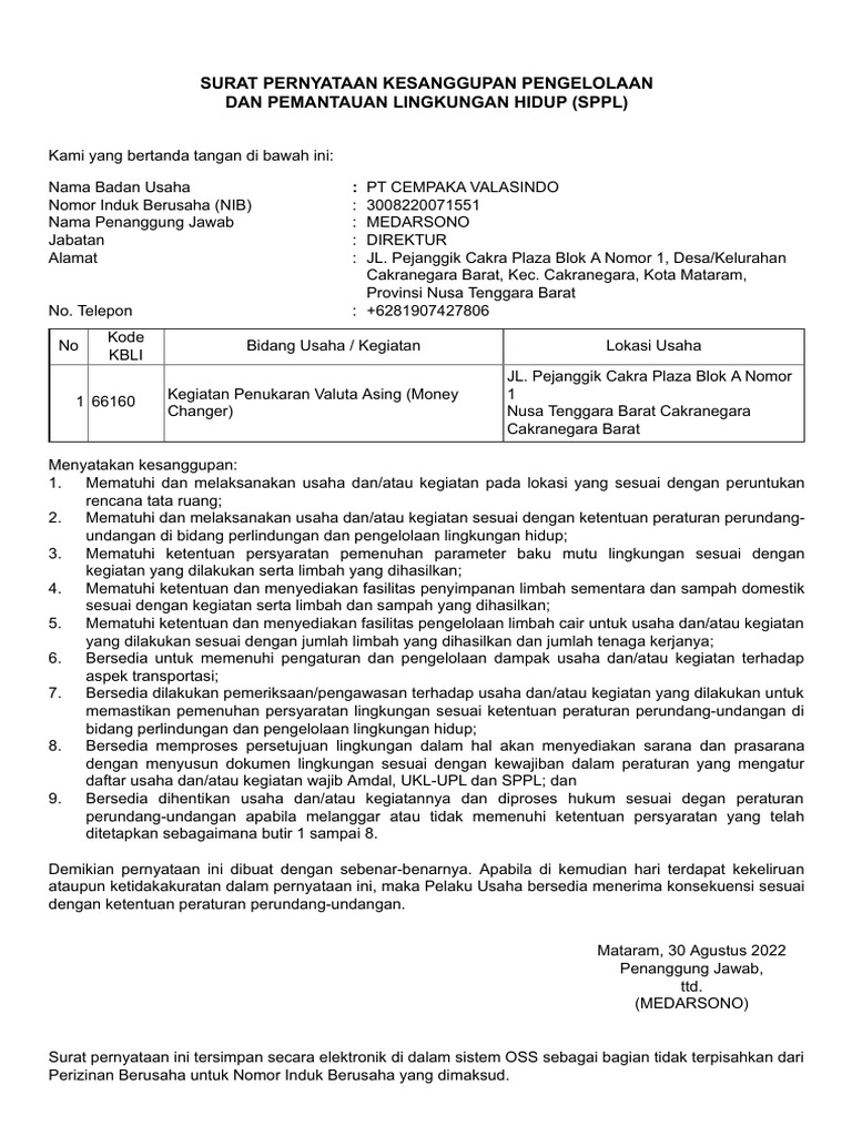 Ijin SPPL Dan Pernyataan Pt. Cempaka Valasindo | PDF