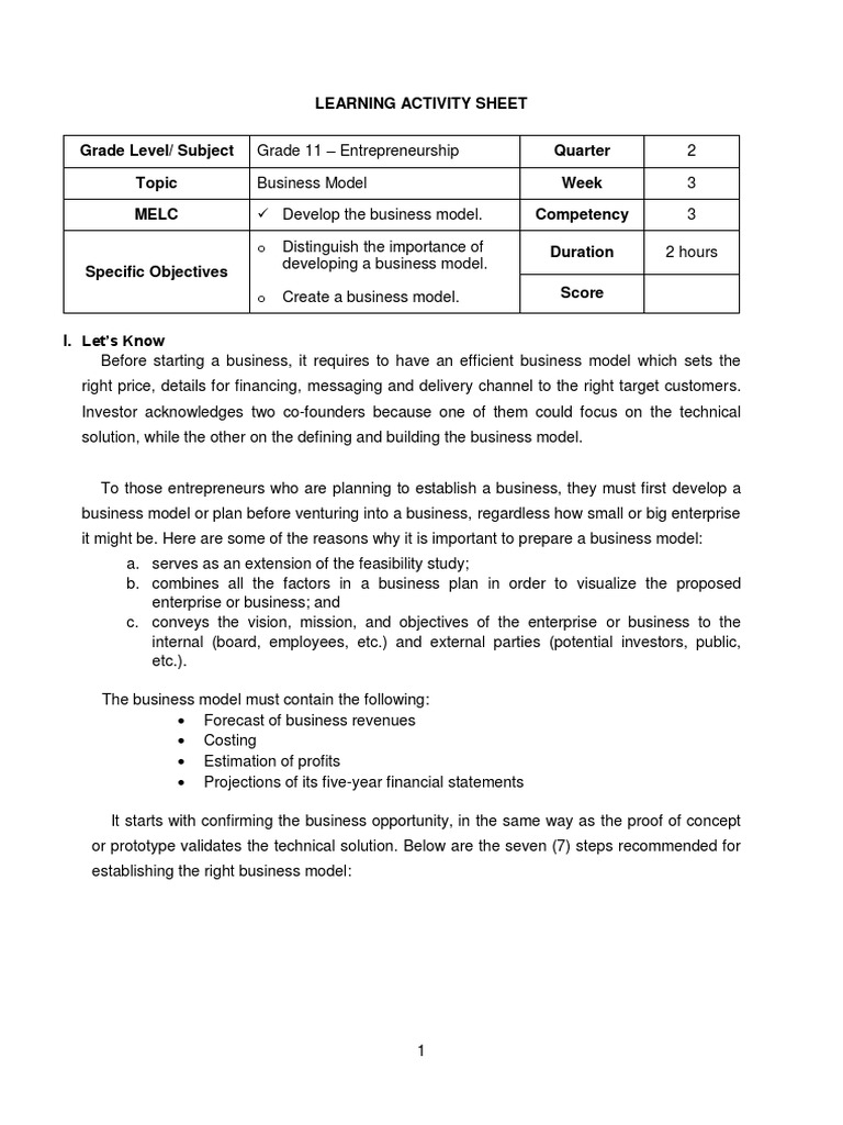 Q2 Entrepreneurship 11 - Week 3 | PDF | Business Model | Entrepreneurship