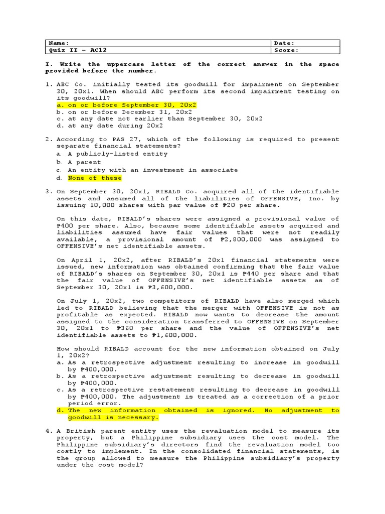 Quiz 2 Answers | PDF | Goodwill (Accounting) | Depreciation