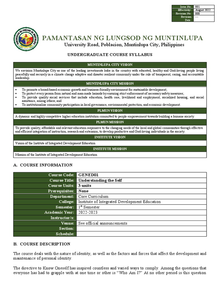 GENED01 - Understanding The Self - Standard Course Syllabus Effective ...