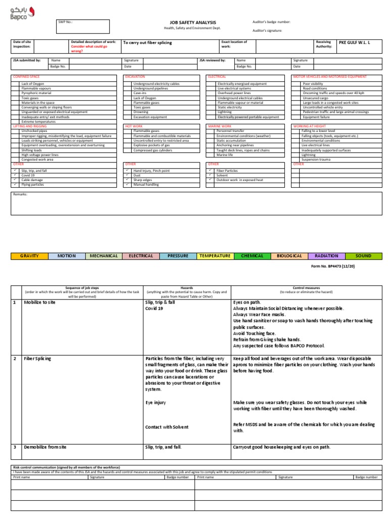 Fiber Splicing Job Safety Analysis | PDF | Optical Fiber | Gases