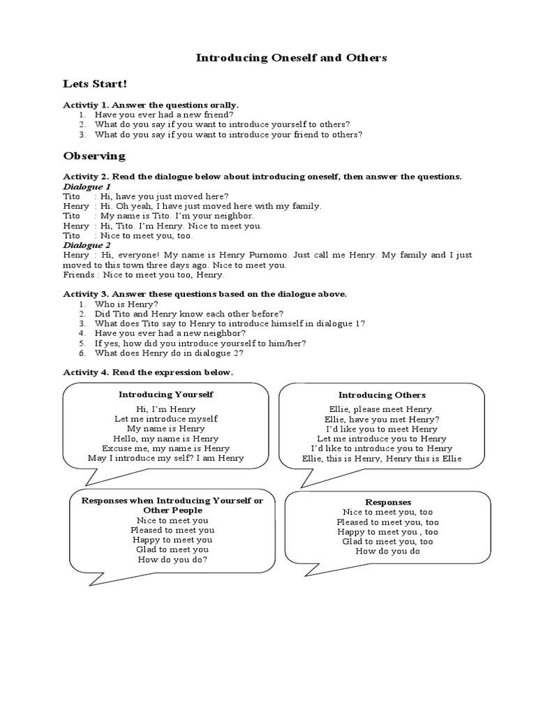 Introducing Yourself and Others Activities | PDF