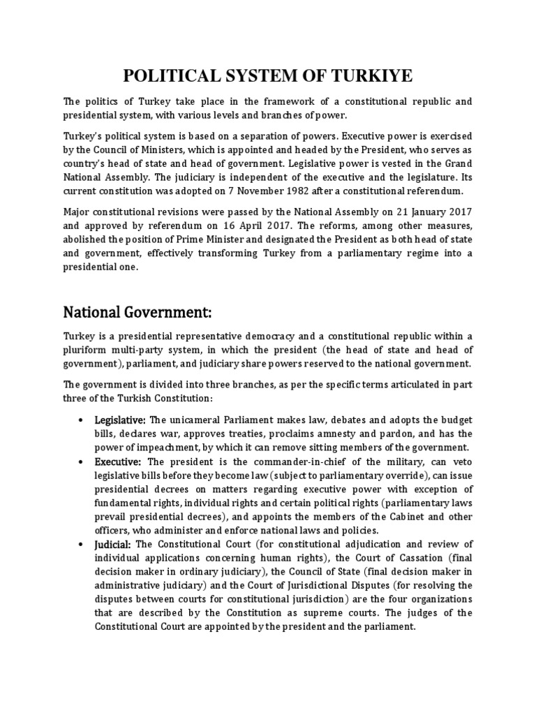POLITICAL SYSTEM OF TURKIYE | PDF | Politics Of Turkey | Government ...