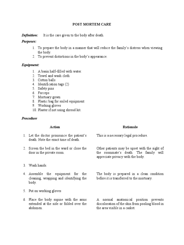 Post Mortem Care For Return Demonstration | PDF | Autopsy | Hygiene