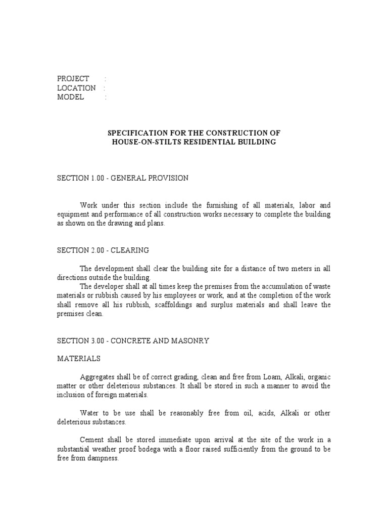 Technical Specifications of Low Cost Residential Building | PDF | Concrete | Plumbing