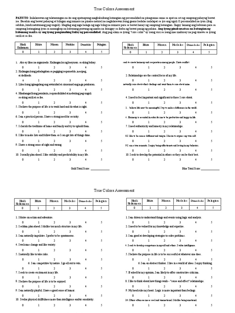 True Colors Personality Test - Word | PDF