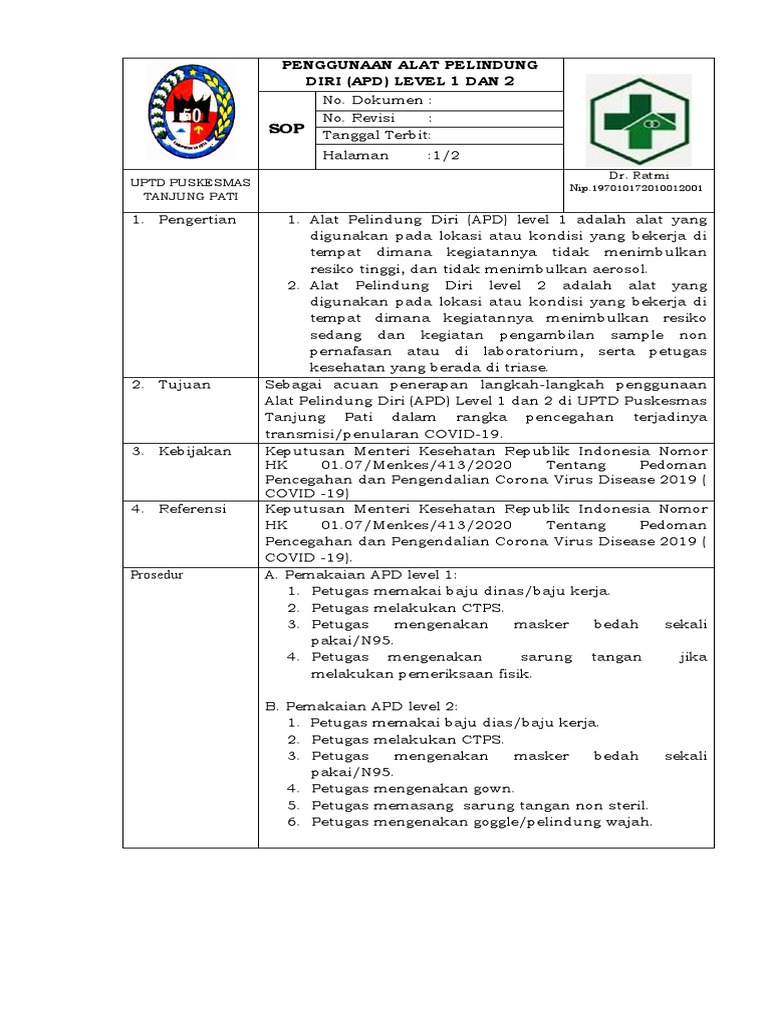 SOP PEMAKAIAN APD Level 1 Dan 2 | PDF
