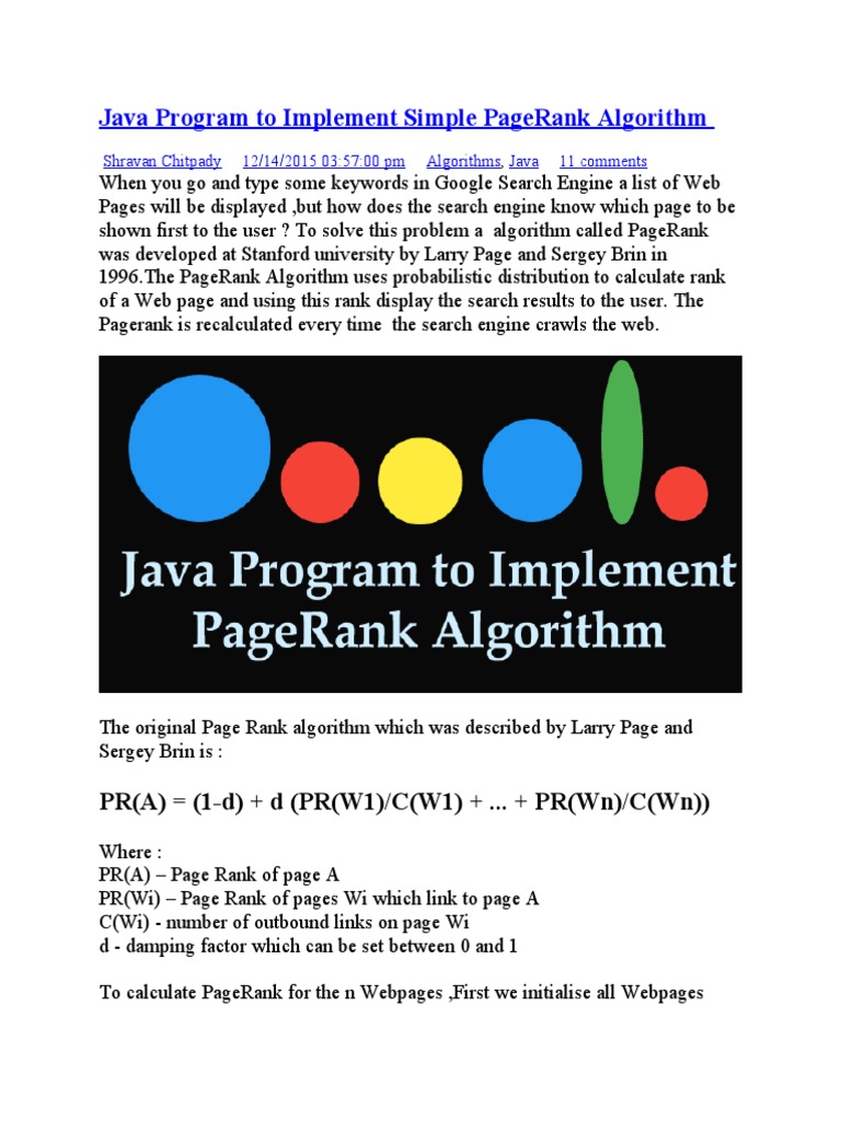 Java Program To Implement Simple Pagerank Algorithm Pdf Websites