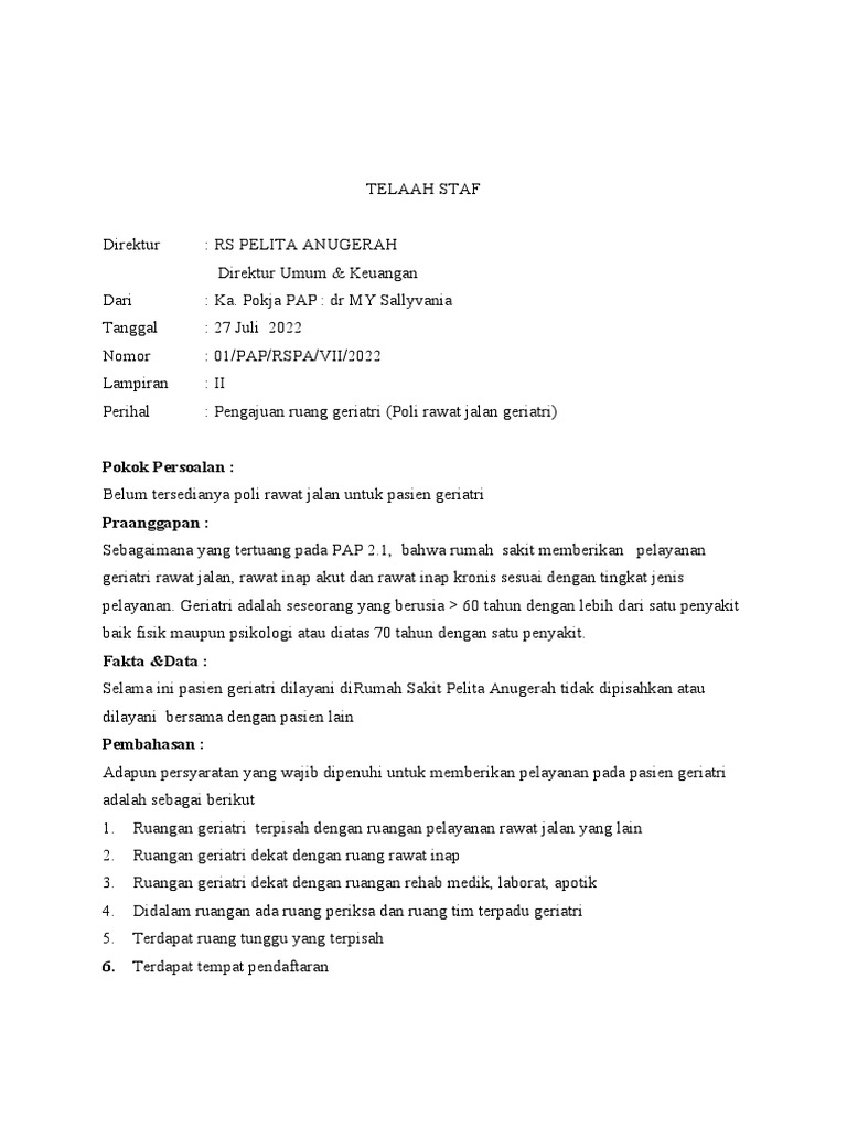Telaah Staf RUANG GERIATRI-1 | PDF | Pengelolaan Keuangan & Uang