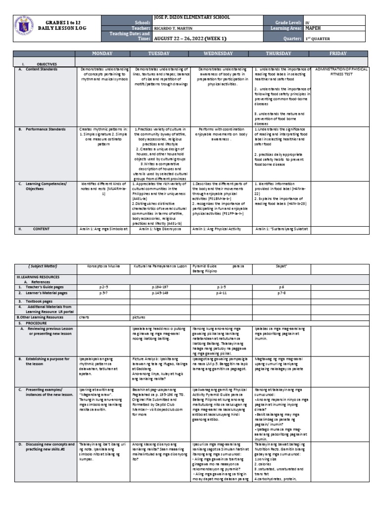 DLL - Mapeh 4 - Q1 - W1 | PDF | Foods | Food Safety