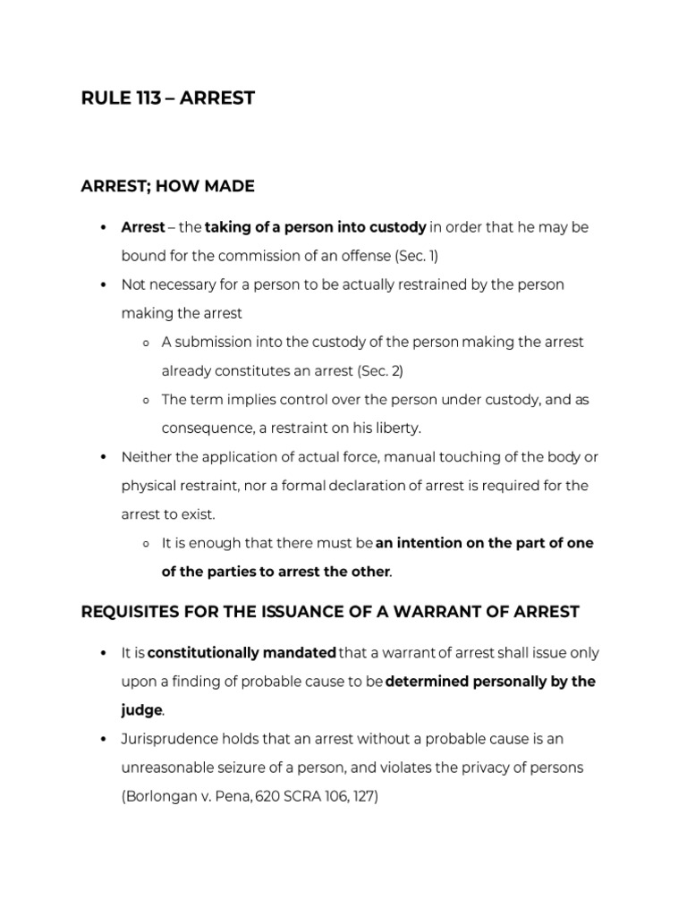 Criminal Procedure - Rule 113 | PDF