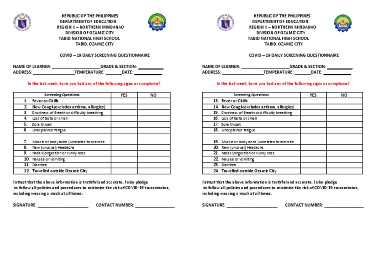 Covid 19 Daily Screening Questionnaire | PDF | Medicine | Immunology