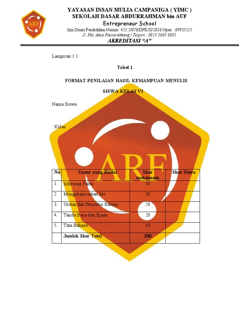 Format Penilaian Menulis SD KLS 6 | PDF