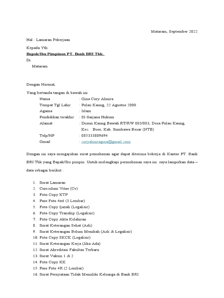 Surat Lamaran Kerja Bri | PDF