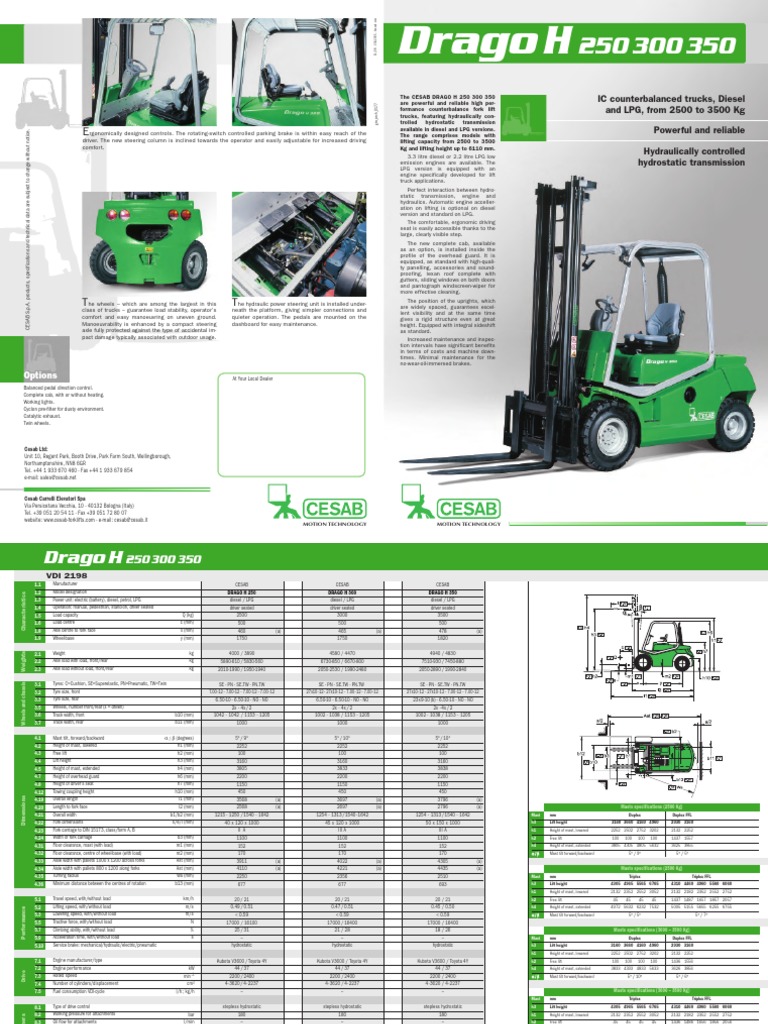 CESAB Drago H 250 300 350 Technical Specifications | PDF | Truck | Elevator