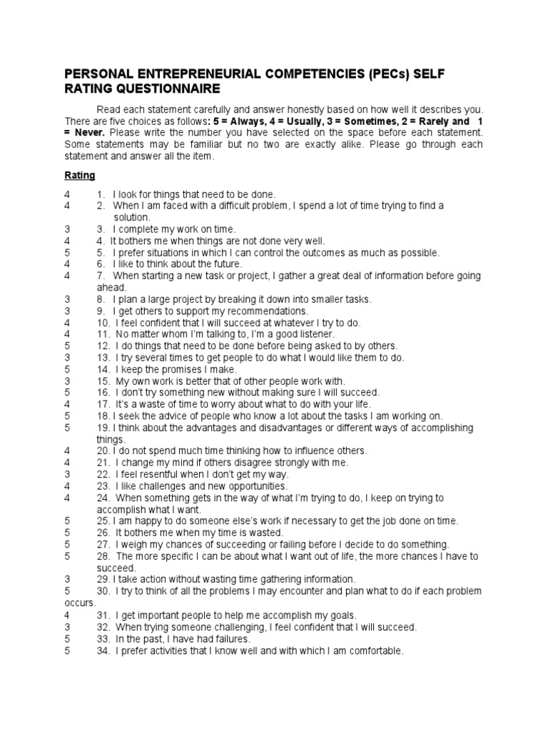 PECs Self-Rating Questionnaire Guide | PDF | Psychological Concepts ...