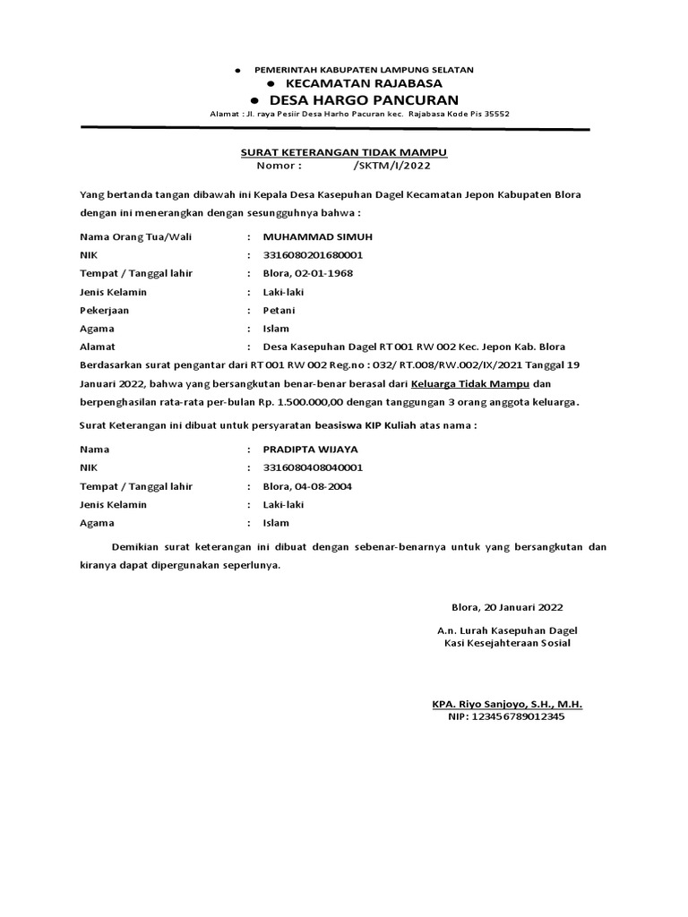 Format SKTM KIP Kuliah | PDF