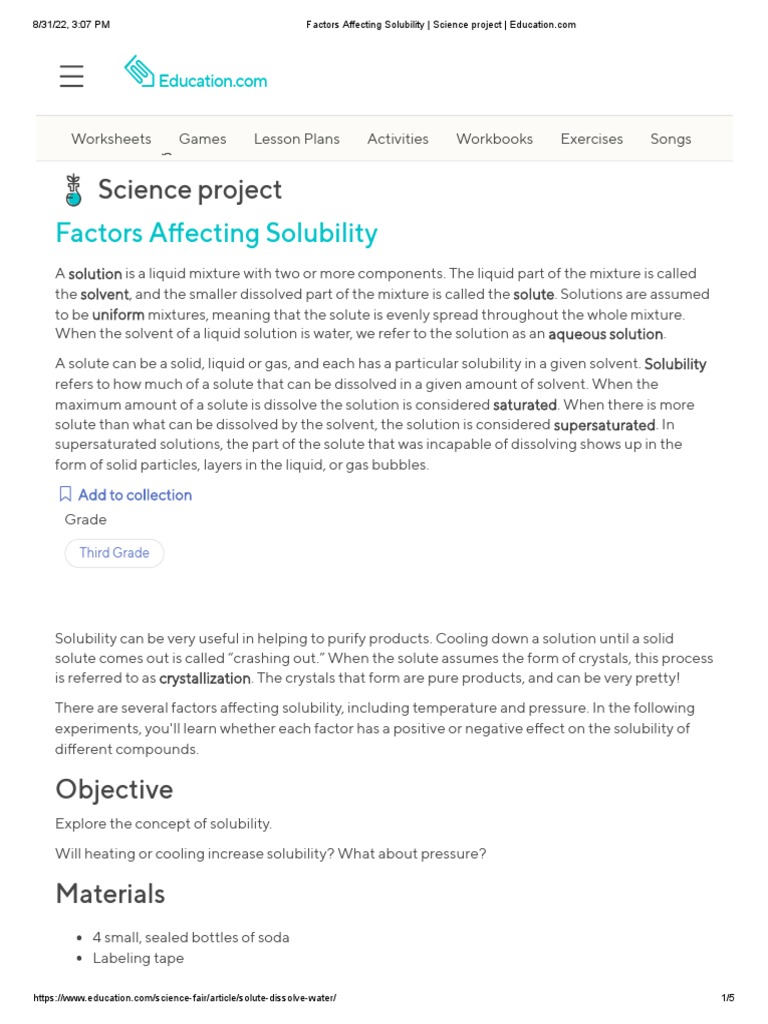 Factors Affecting Solubility - Science Project | PDF | Solubility | Water