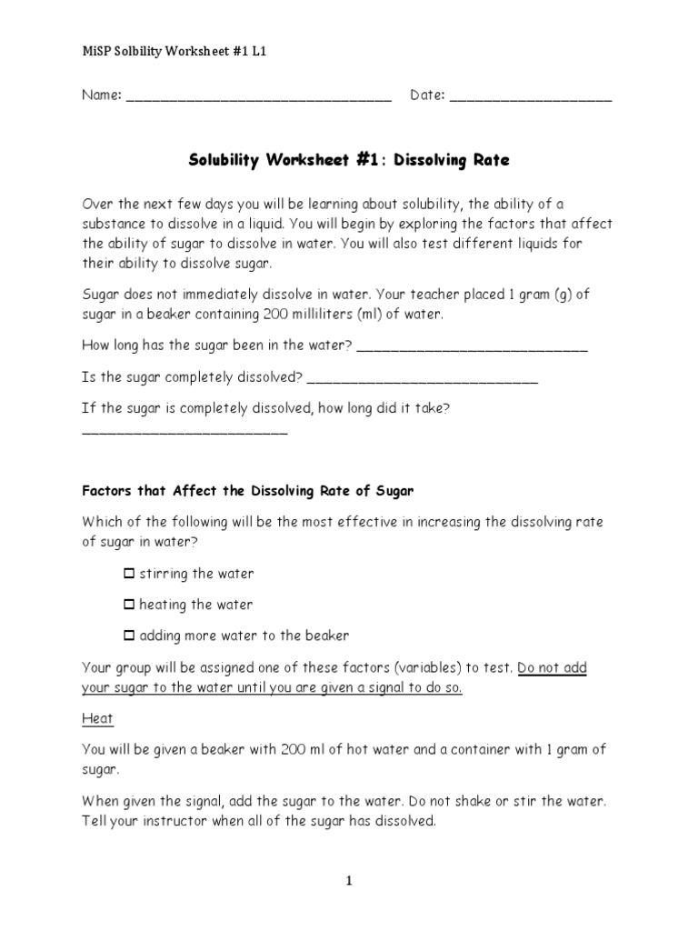 Factors Affecting Solubility Worksheet