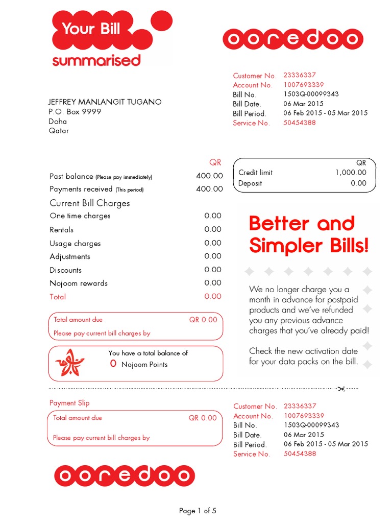 Current Bill Charges: Jeffrey Manlangit Tugano P.O. Box 9999 Doha Qatar ...