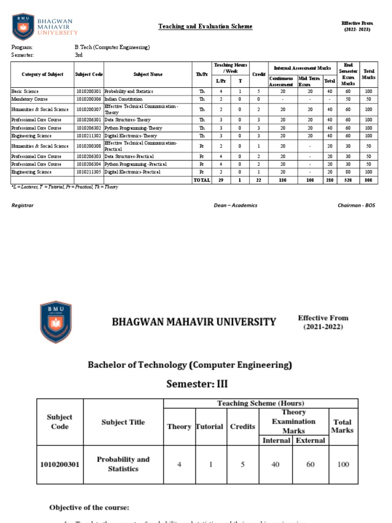 B.tech. Computer Sem 3 Teaching & Evaluation Scheme & Syallbus | PDF | Probability Distribution ...