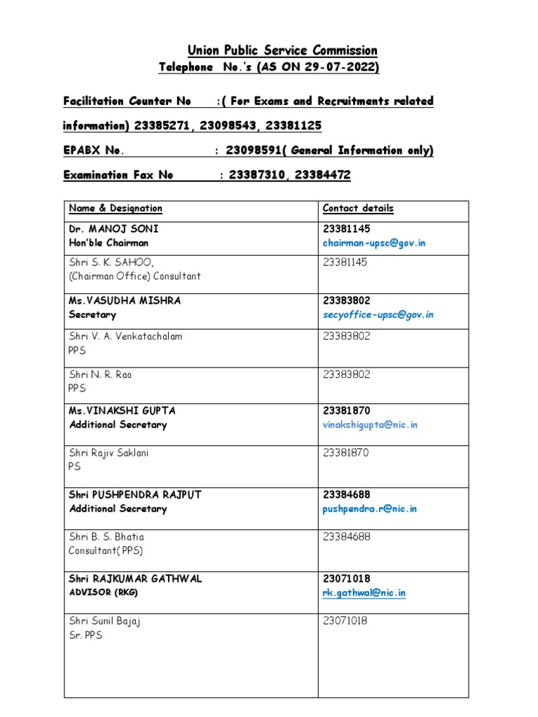 UPSC Contact Information Directory | PDF | Cinema Of India