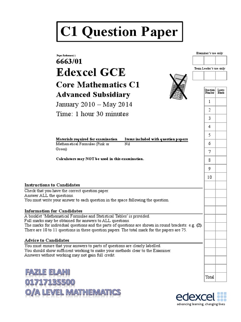 Edexcel GCE Core Math C1 Exam Paper | PDF | Equations | Cartesian ...