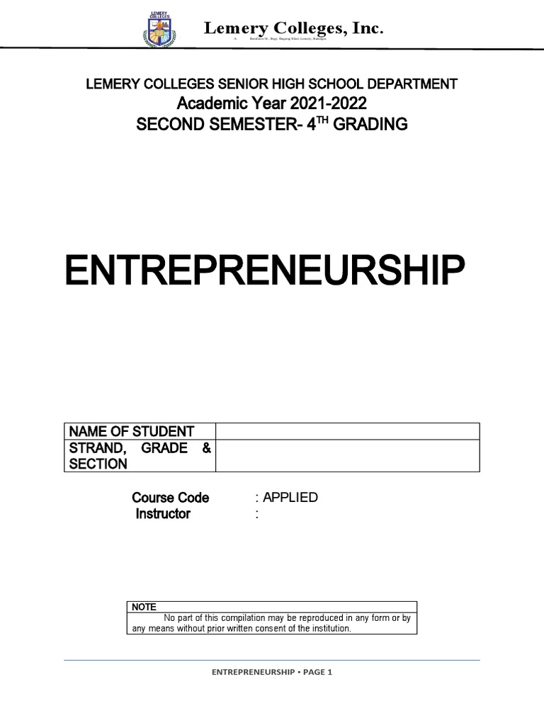 2ND SEM ENTREPRENEURSHIP 4th GRADING | PDF | Bookkeeping | Business