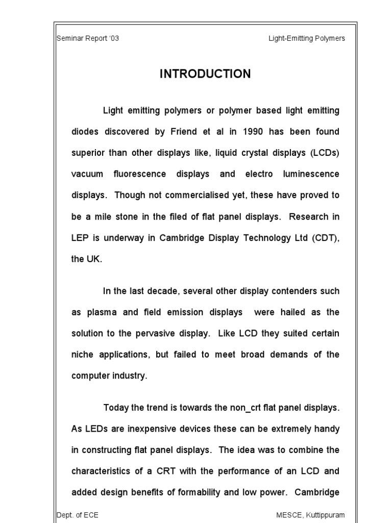 Light Emiting Polymers Seminar Report | PDF | Oled | Liquid Crystal Display
